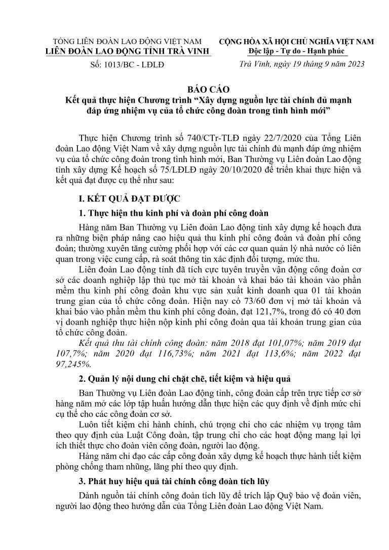 16. BÁO CÁO KẾT QUẢ CÔNG TÁC DÂY DỰNG NGUỒN LỰC TÀI CHÍNH ĐỦ MẠNH – Đại hội Công đoàn Trà Vinh